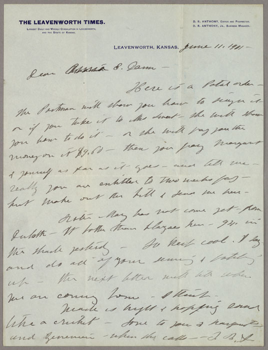 Letter, Susan B. Anthony to Anna Dann Mason - Rochester Voices