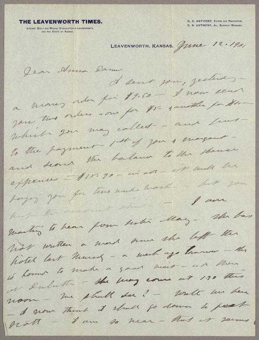 Letter, Susan B. Anthony to Anna Dann Mason - Rochester Voices